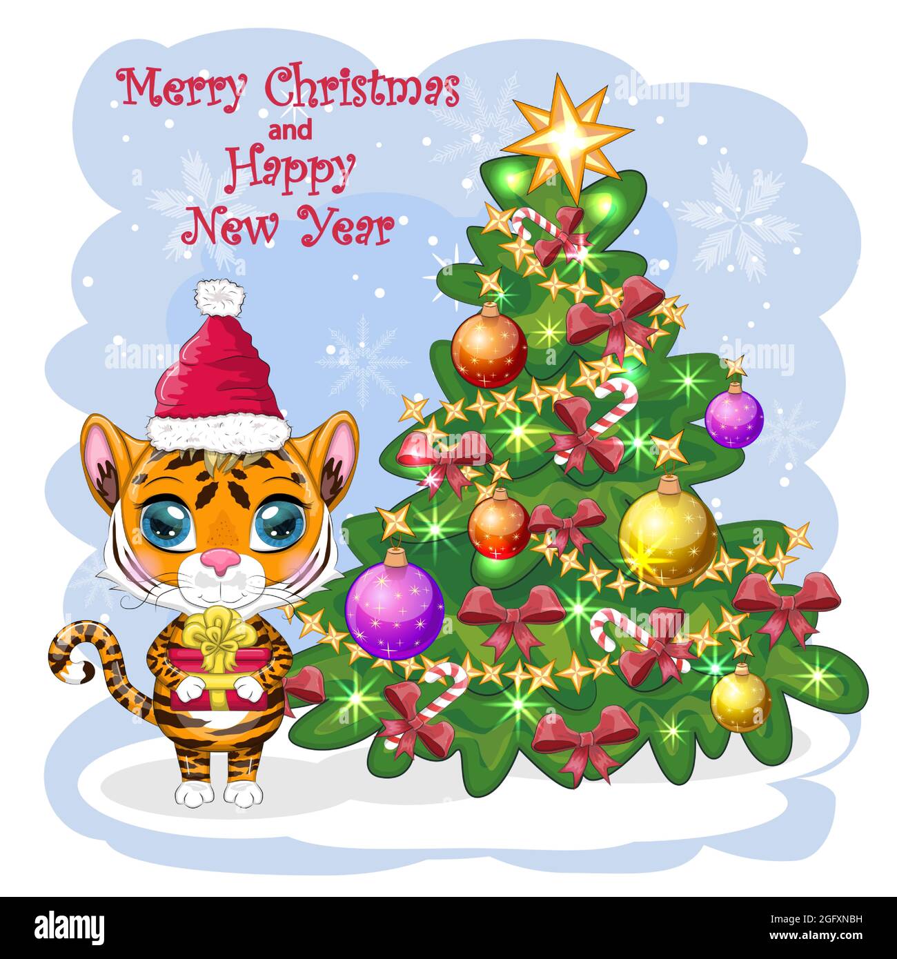Cartoon tiger wearing a santa hat holding a gift by the christmas tree ...