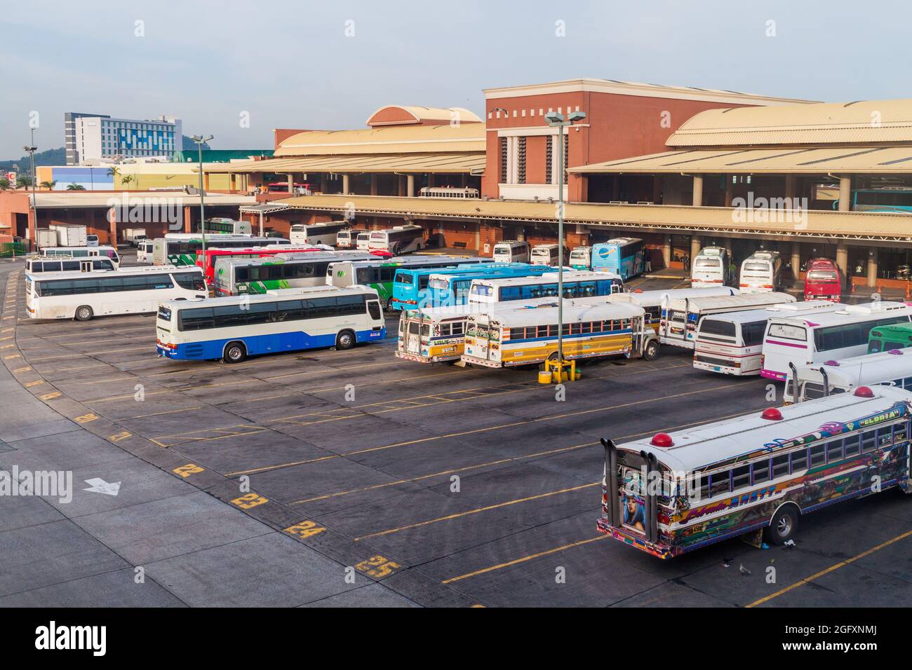 PANAMA CITY, PANAMA - MAY 27, 2016: Buses wait at Albrook Bus Terminal ...
