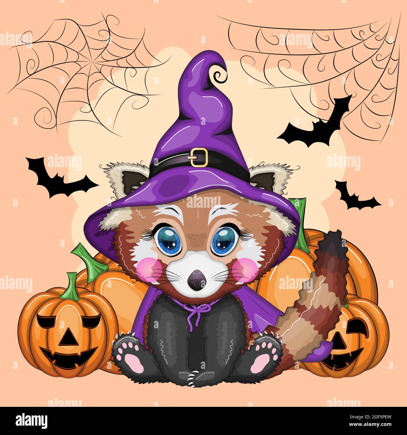 Cartoon red panda in a purple witch's hat and cloak with pumpkins ...