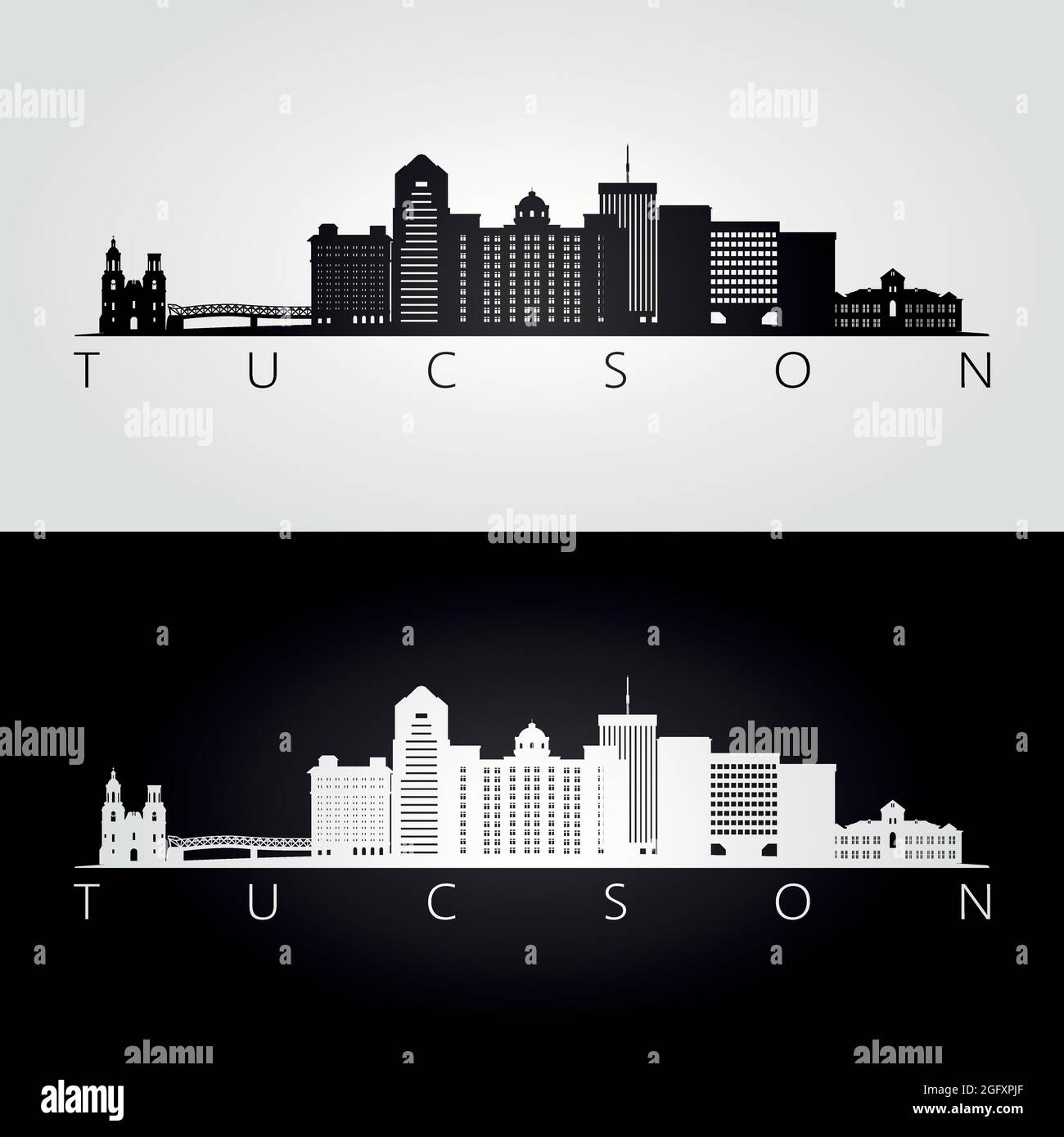 Tucson usa skyline and landmarks silhouette, black and white design ...