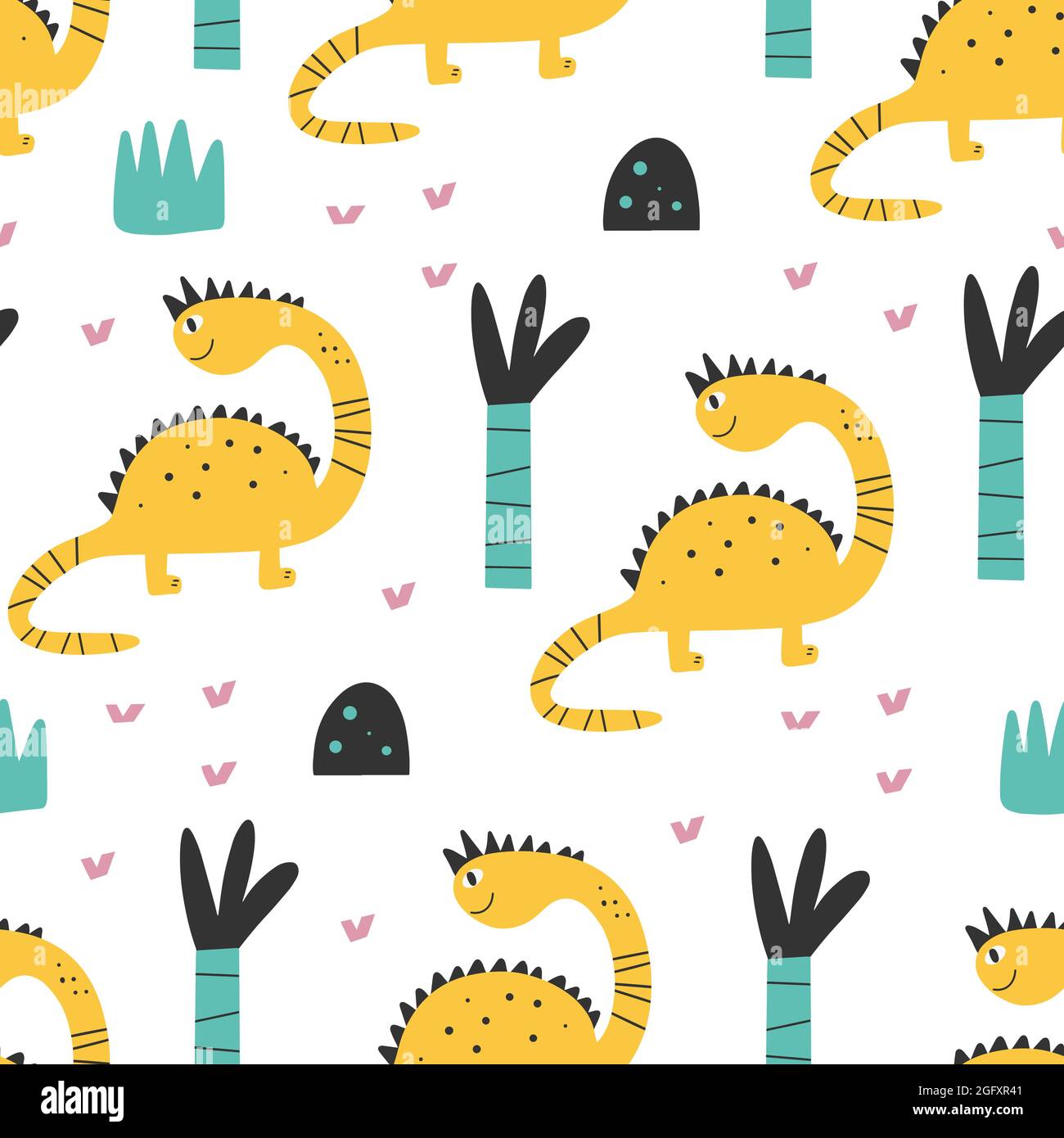 Cute dinosaur pattern - hand drawn childish dinosaur seamless print ...