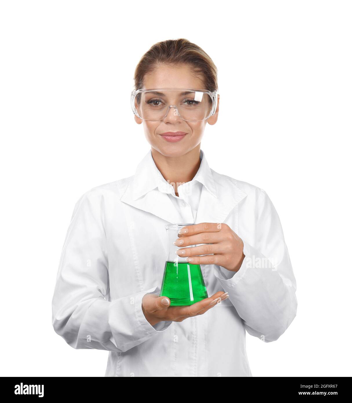 Female scientist with flask on white background Stock Photo - Alamy