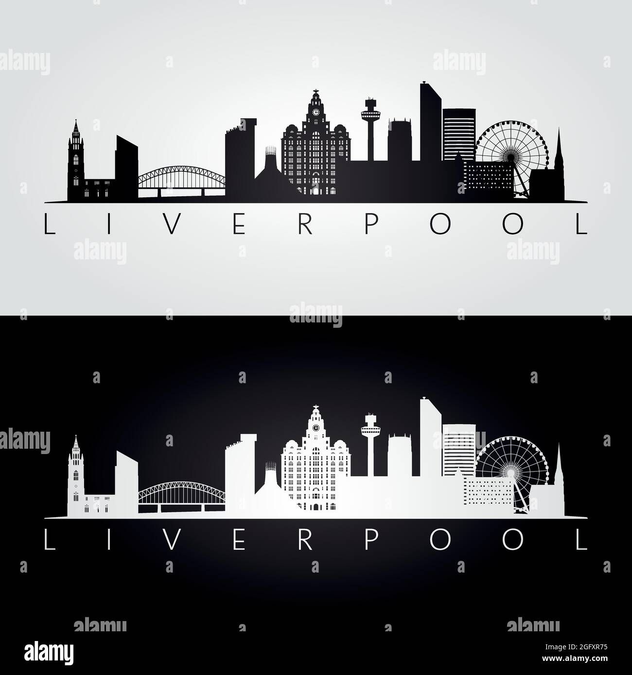 Liverpool skyline and landmarks silhouette, black and white design ...