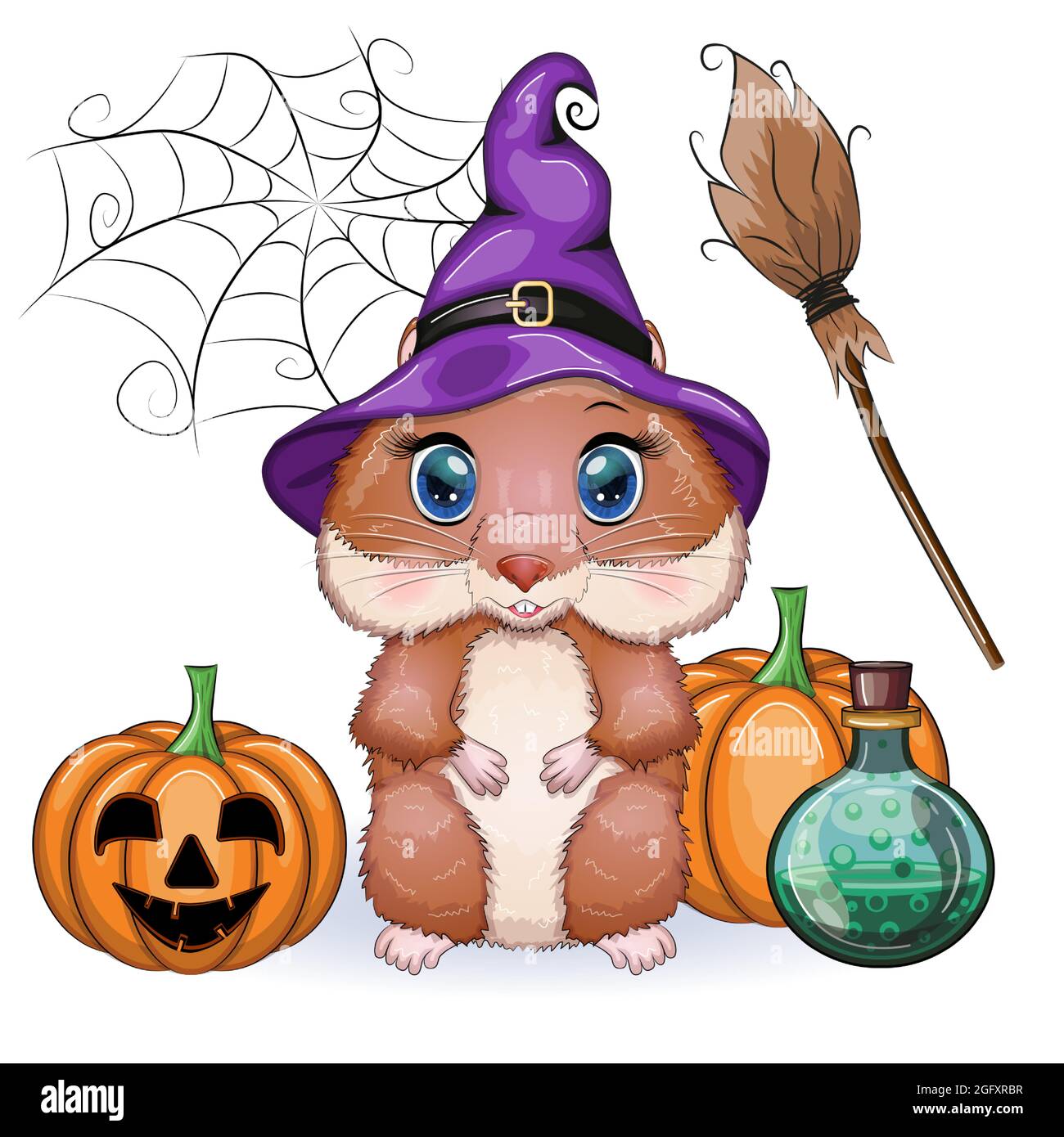 Cute cartoon hamster wearing wizard hat with broom and pumpkins ...