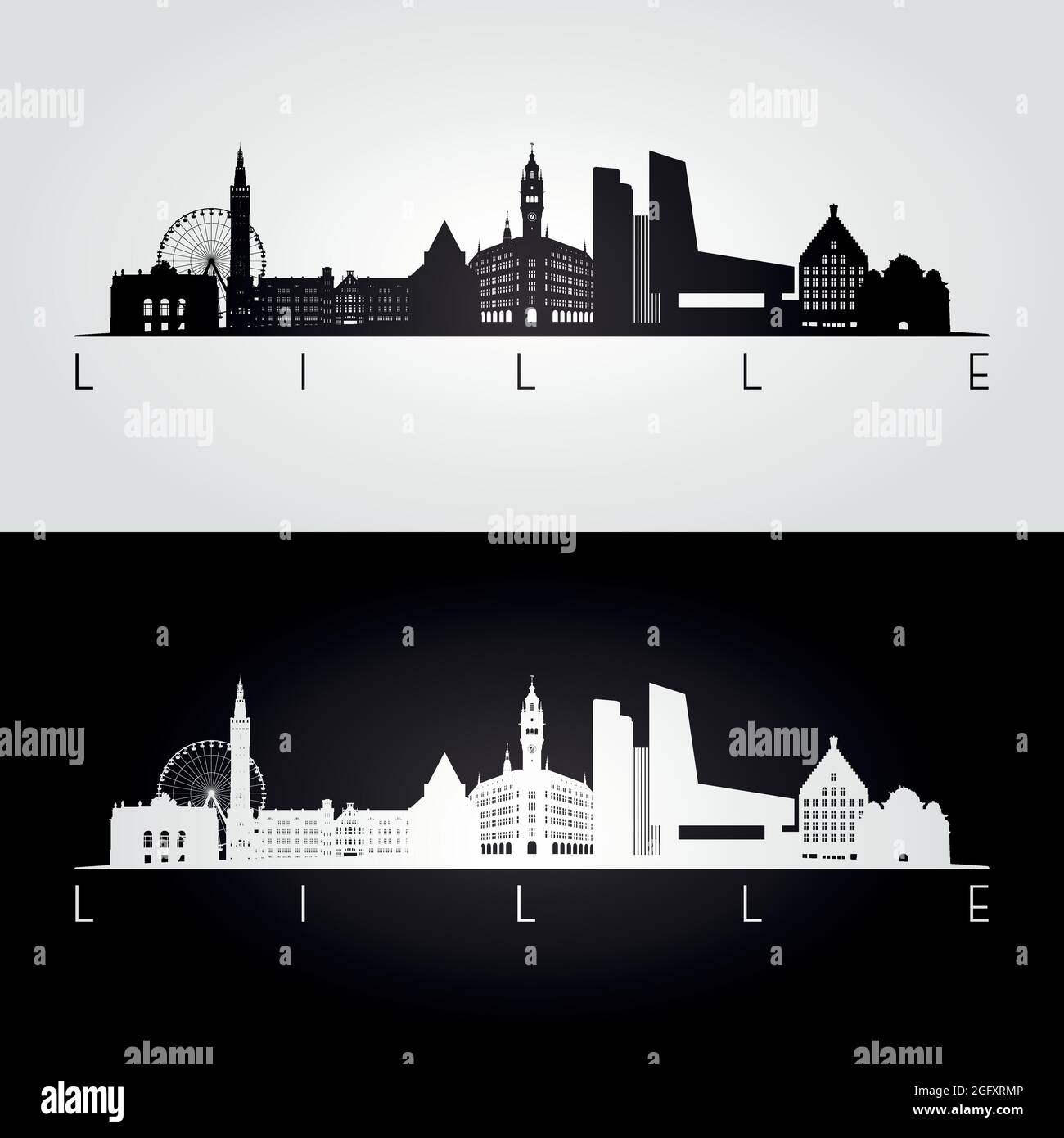 Lille skyline and landmarks silhouette, black and white design, vector ...