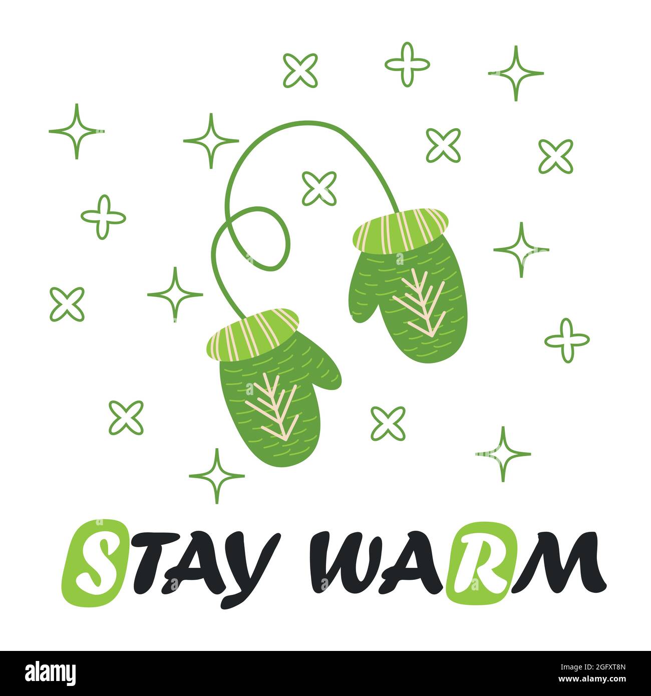 Christmas card with green mittens and lettering. Warm wishes. Cute ...