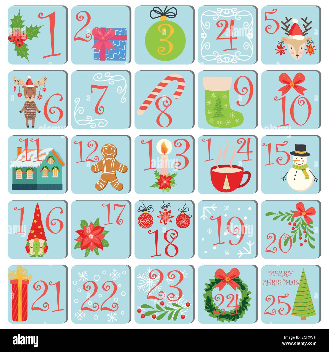 Countdown calendar to Christmas with cartoon characters and symbols ...