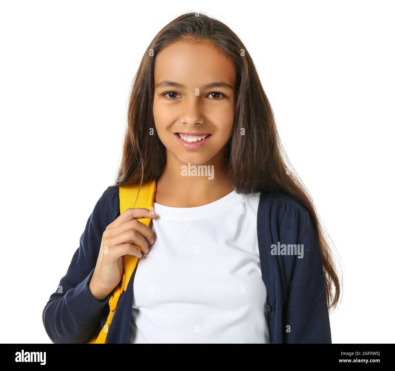Cute schoolgirl on white background Stock Photo - Alamy