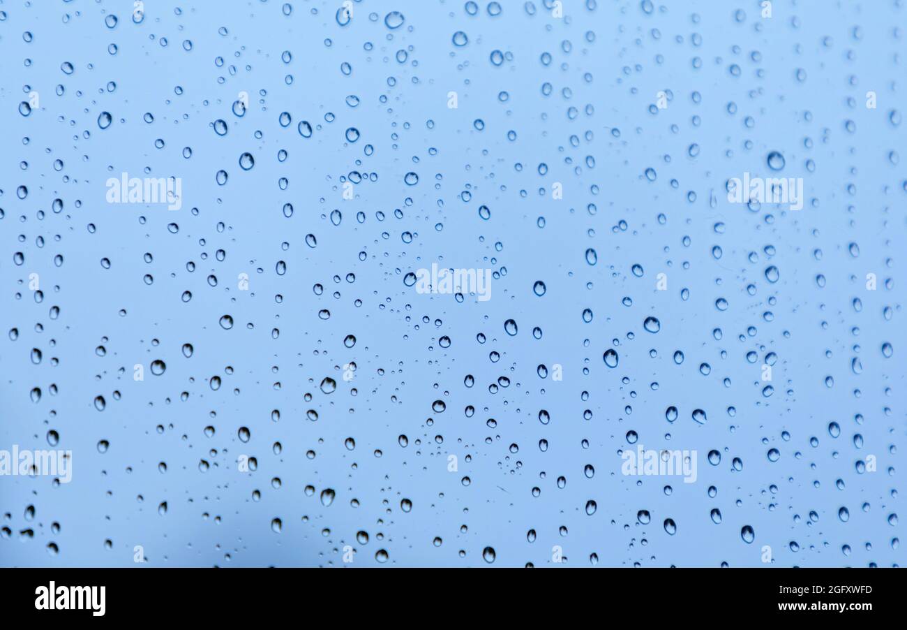 Blue Raindrops Background Cold Wet Rainy Day Window Stock Photo - Alamy