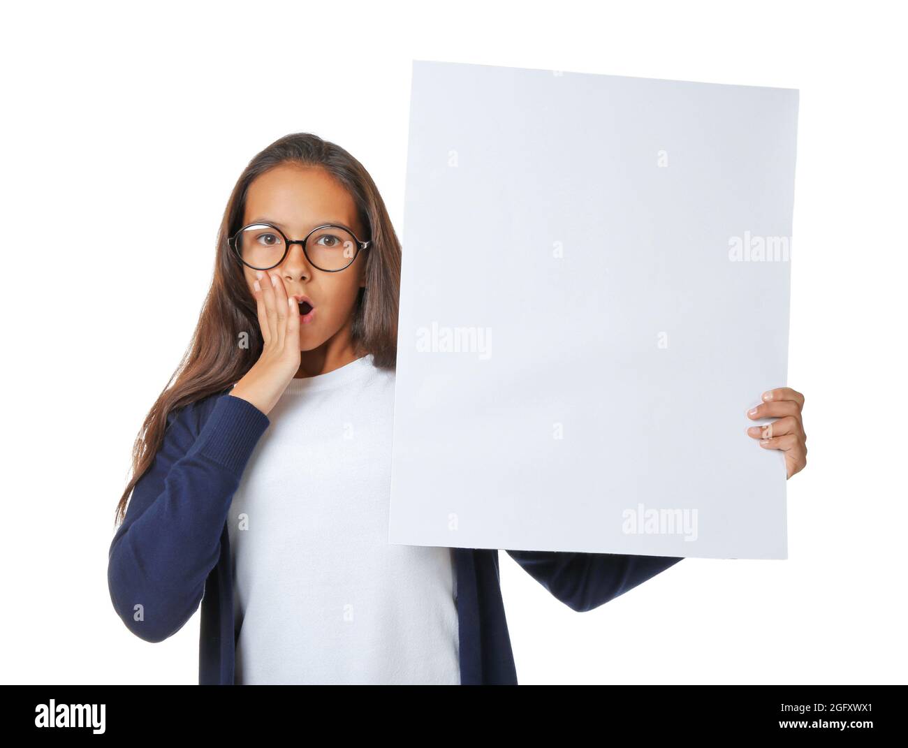 Cute girl with blank poster on white background Stock Photo - Alamy