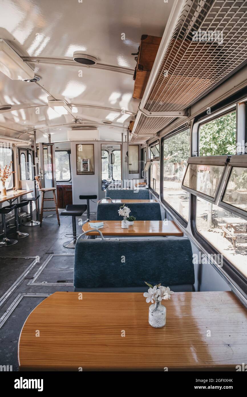 The tables of an old train transformed into a restaurant Stock Photo ...