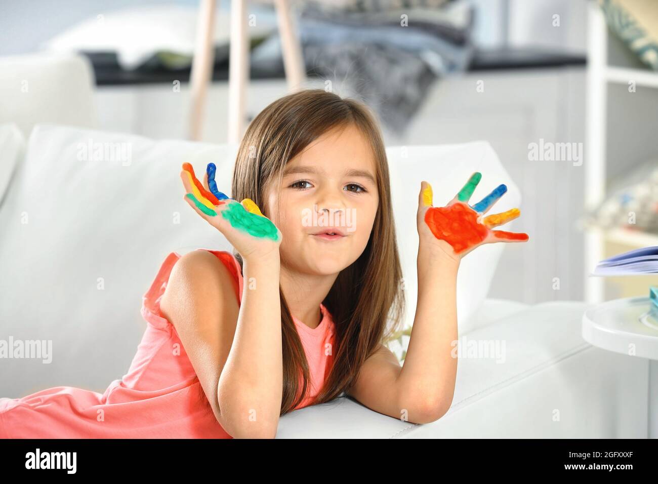 Cute little girl with painted hands Stock Photo - Alamy Cute little girl with painted hands Stock Photo - Alamy
