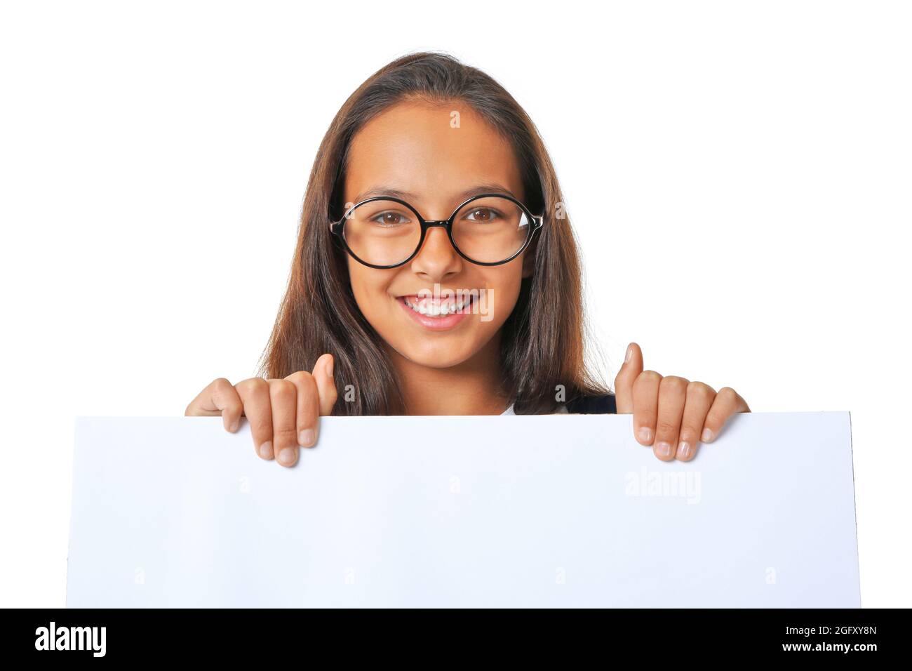 Cute girl with blank poster on white background Stock Photo - Alamy