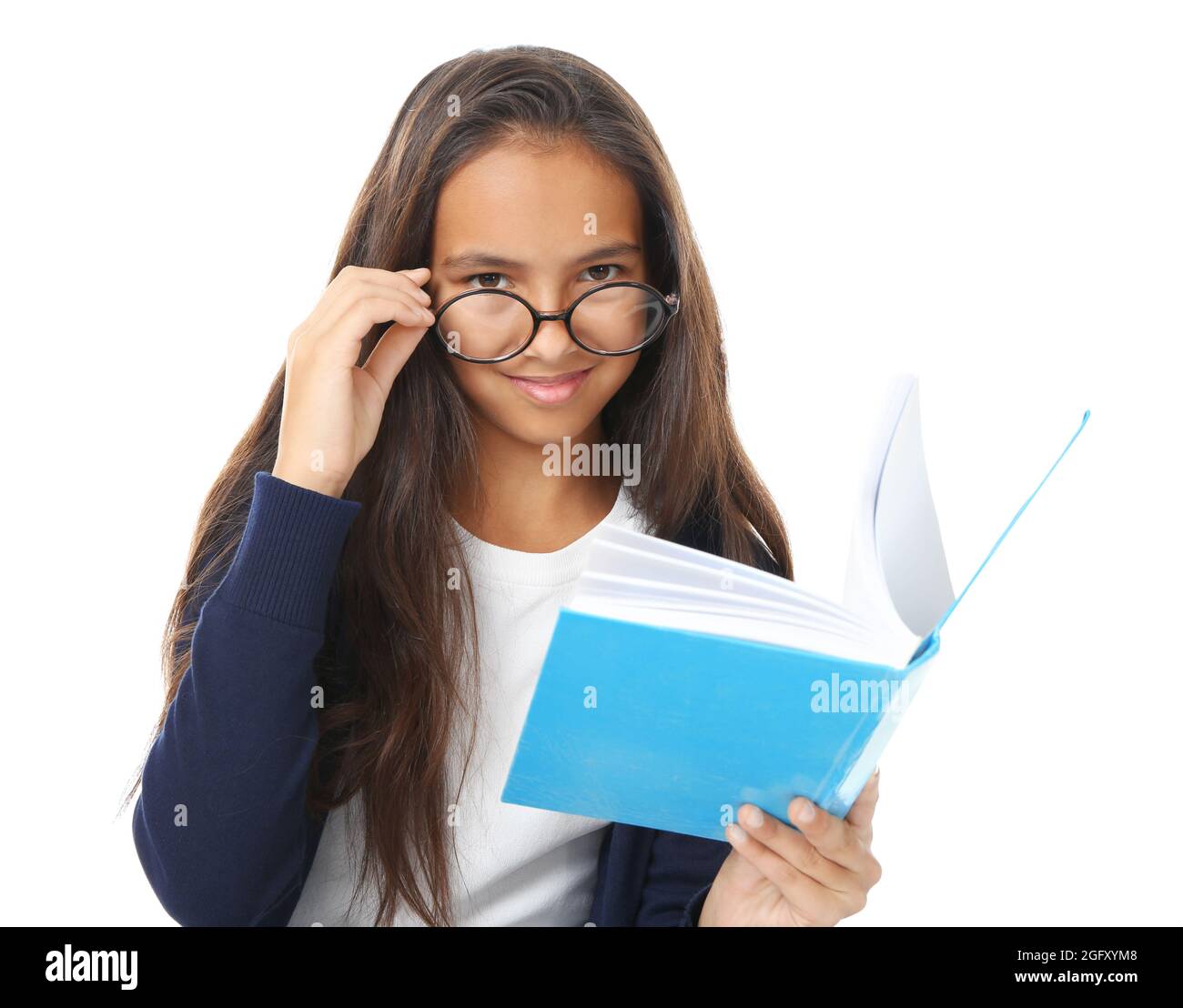 Cute girl reading book on white background Stock Photo - Alamy