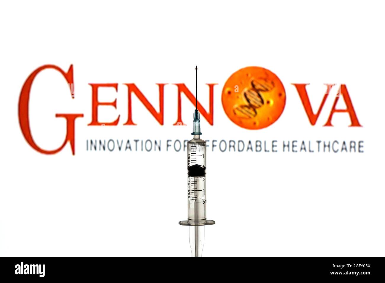 In this photo illustration, a close up of a medical syringe in front of ...