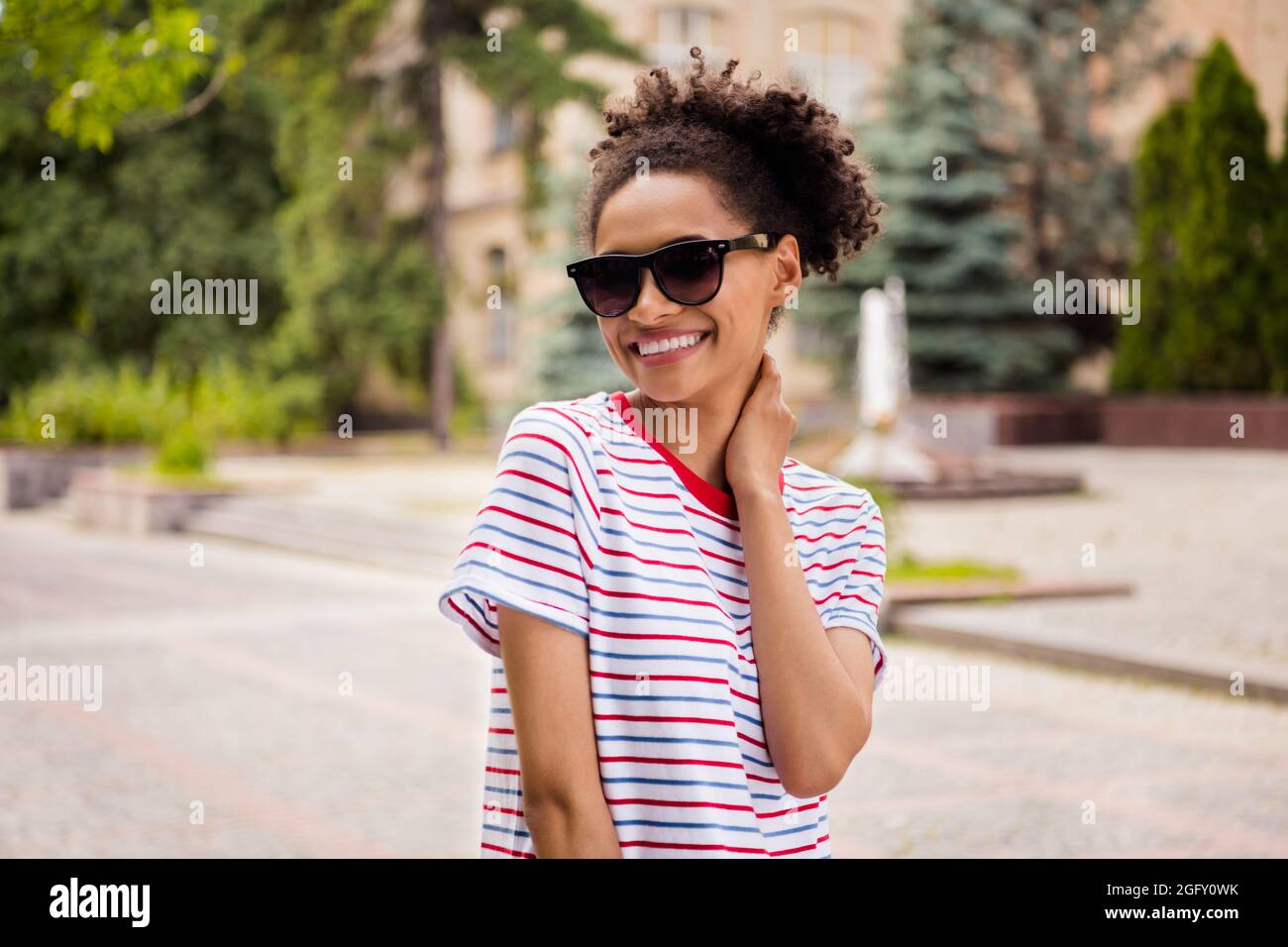 Photo of young attractive black girl happy positive smile make selfie ...