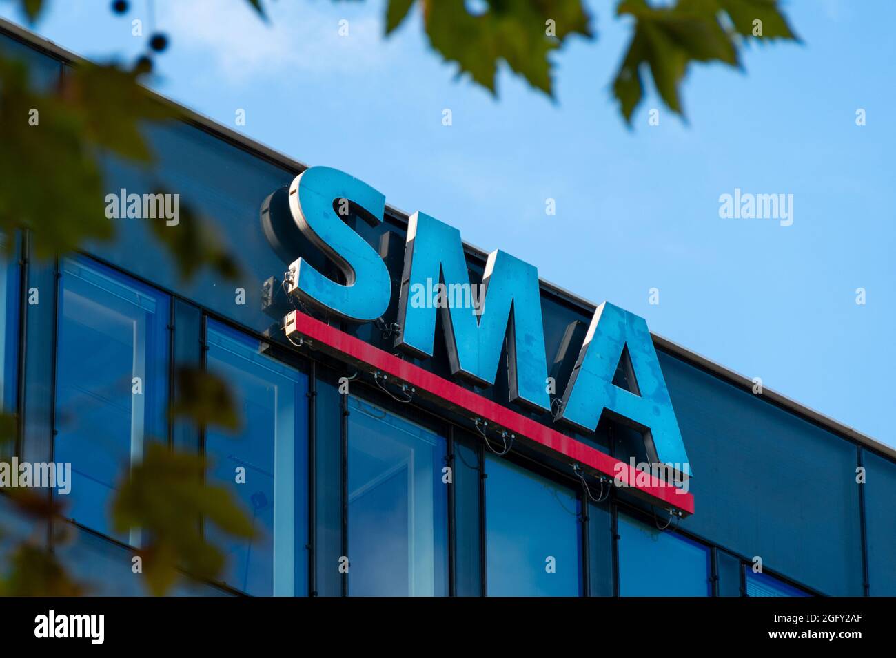 Logo at the top of the headquarters building of SMA Group, a French ...