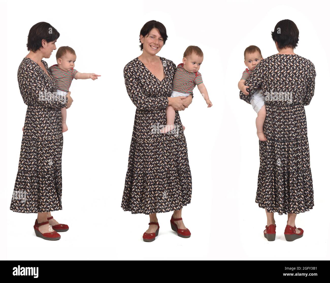 view of front, back and side view of same mother carrying her baby on ...