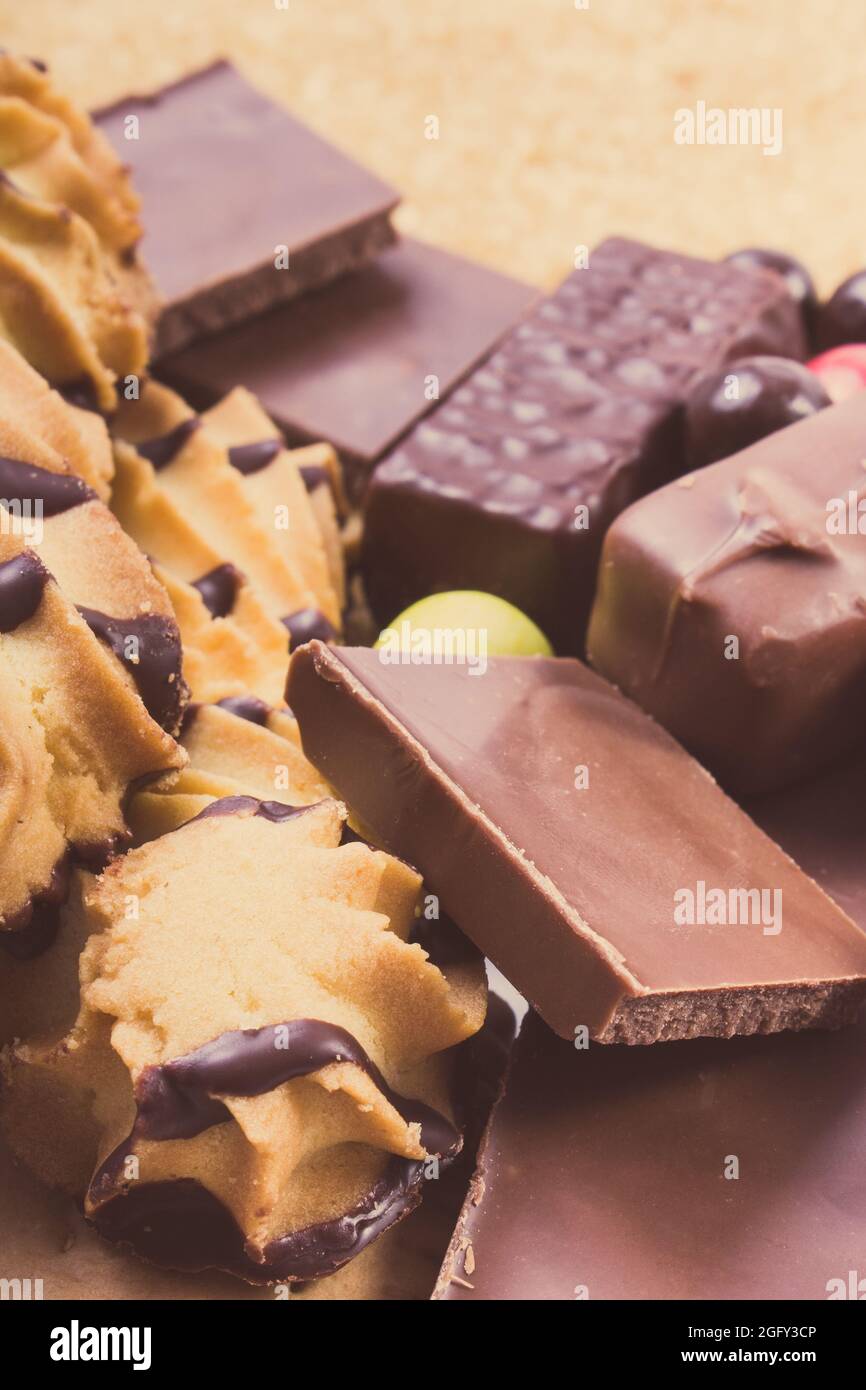Heap of sweets containing a lot of sugar. Reduction eating unhealthy ...