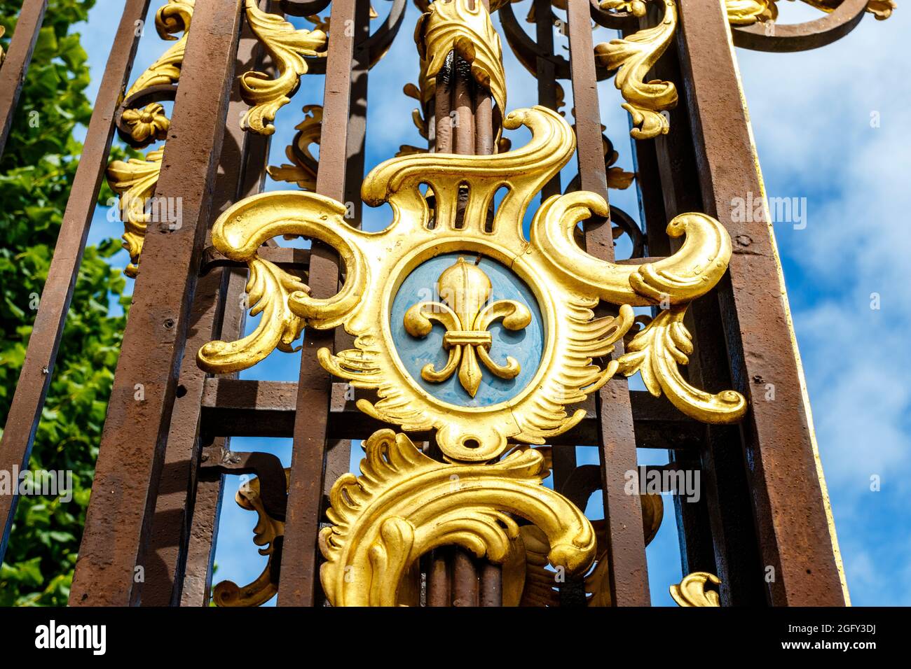 Ornate golden fence with fleur-de-lis at the Place de la Carriere ...