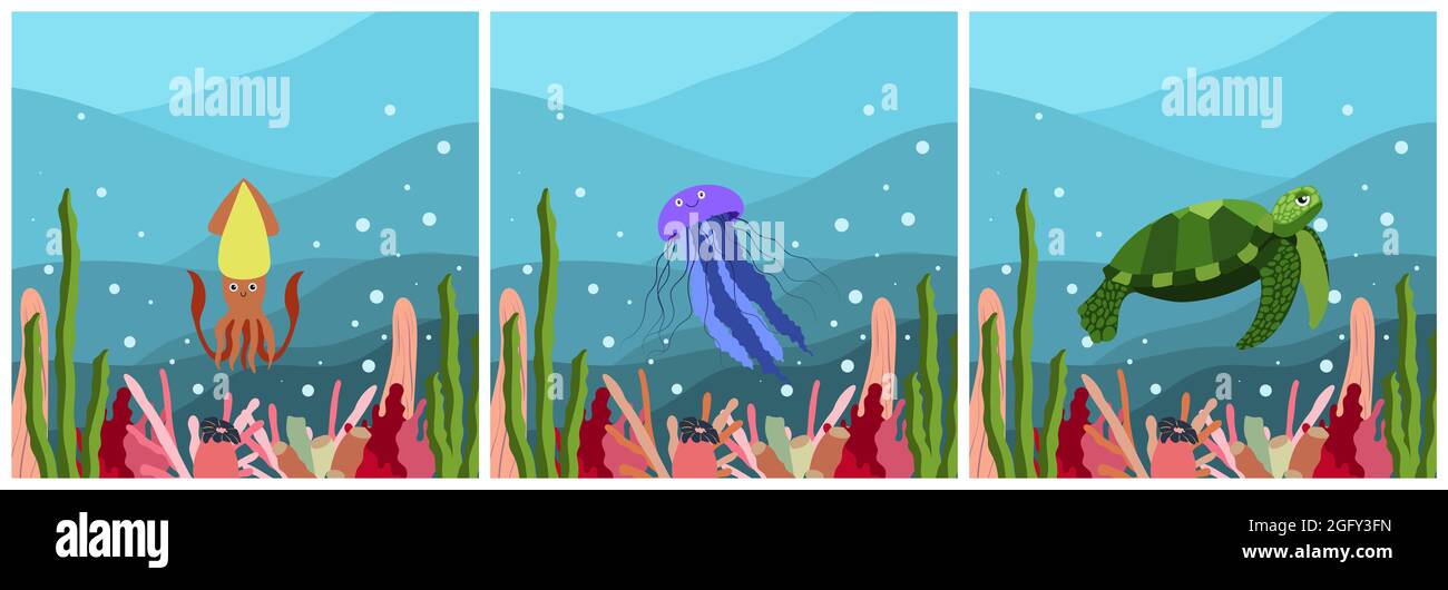 Set of three square composition with underwater landscape with squid ...