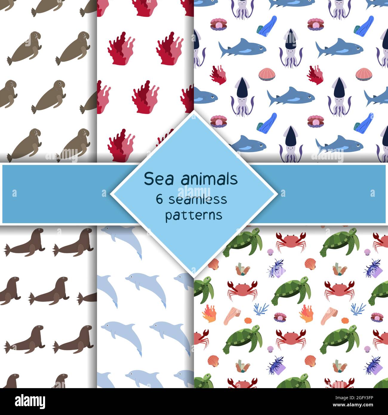 Set with six sea animal seamless pattern with shark, squid and turtle ...
