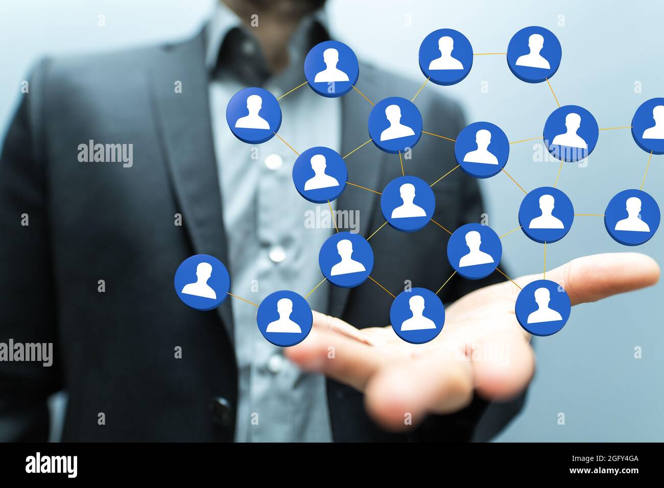 Closeup of 3d rendered man figures on the man's palm - Internet network ...