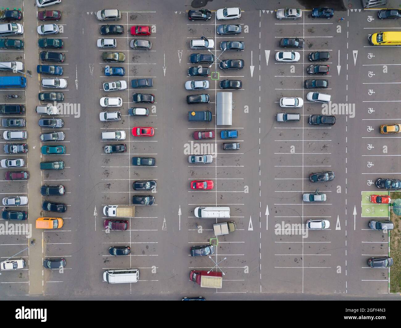 Drone view of a large car parking lot on a sunny summer day, horizontal ...
