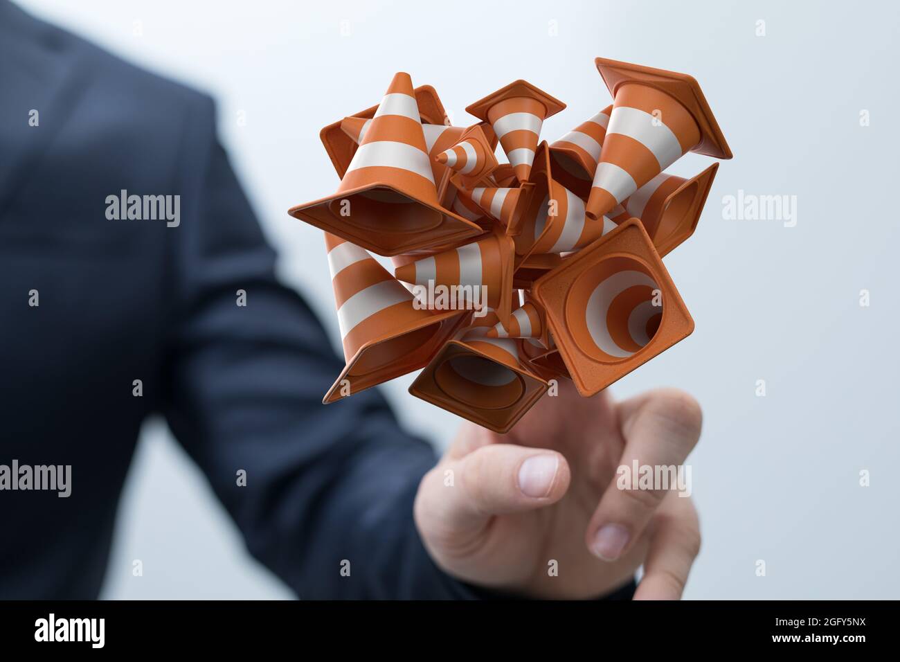 Closeup of a 3D rendered bunch of under construction signs and a man's ...