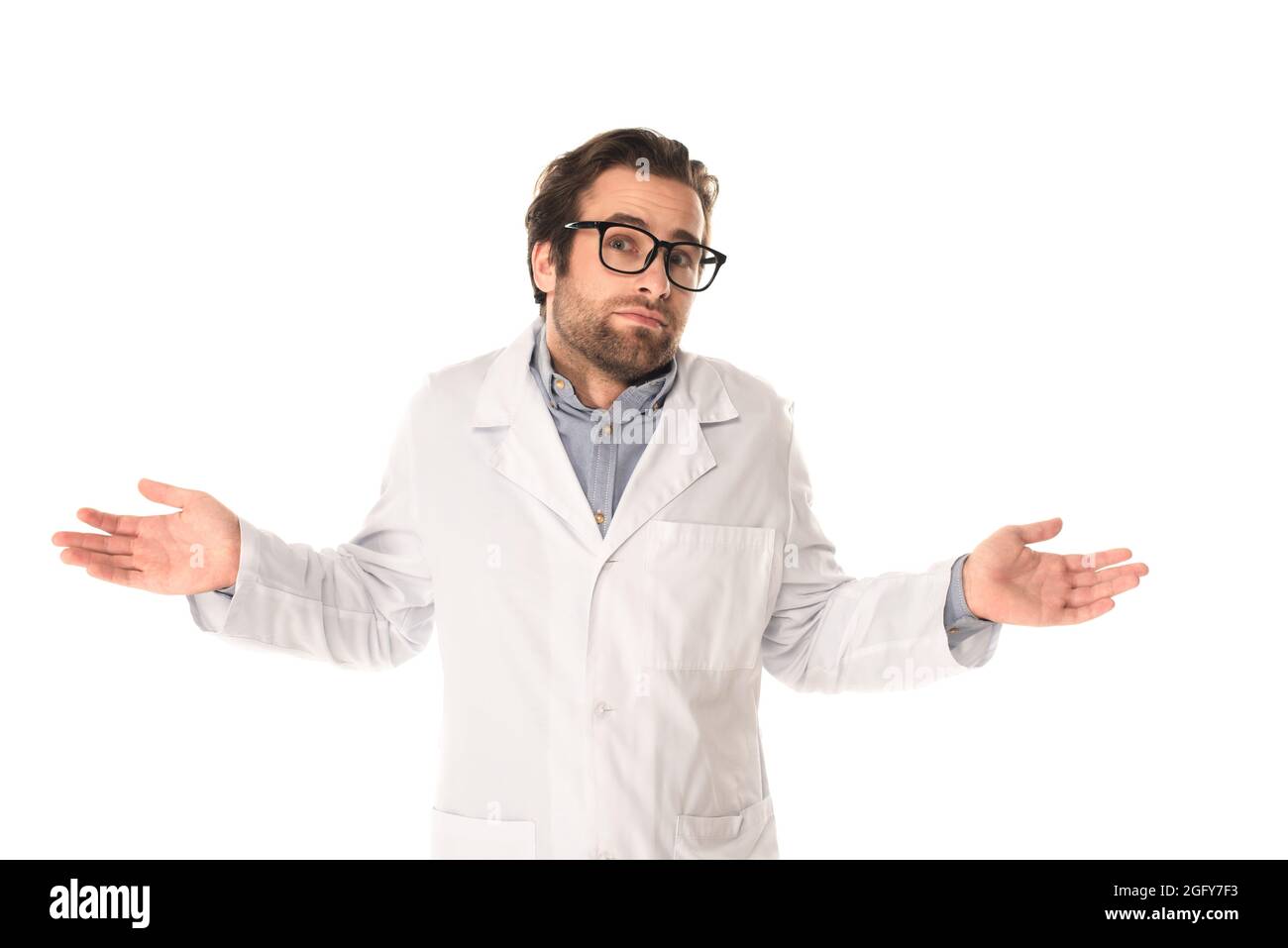Confused doctor showing shrug gesture isolated on white Stock Photo - Alamy