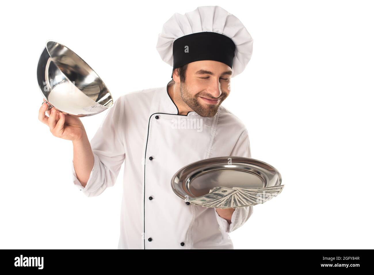 Smiling chef smelling money on tray isolated on white Stock Photo - Alamy