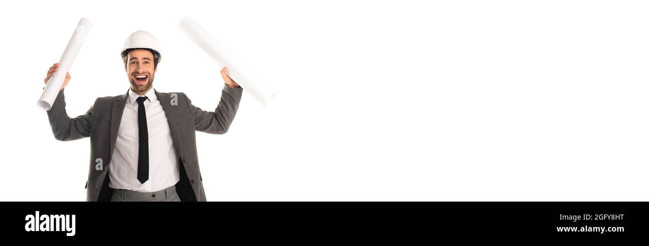 Excited engineer holding blueprints isolated on white, banner Stock ...