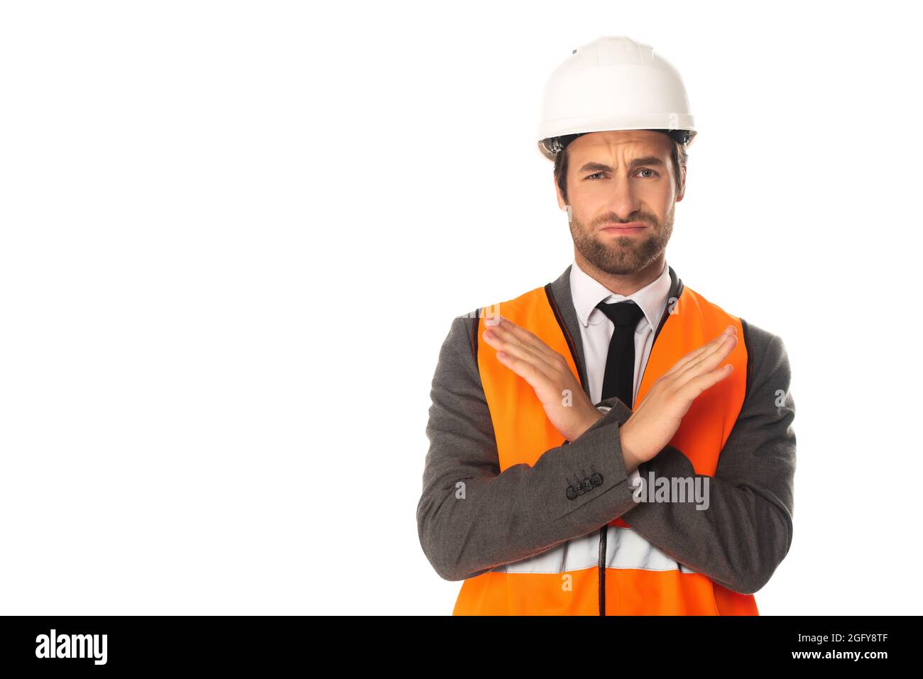 Skeptical engineer showing stop gesture isolated on white Stock Photo ...