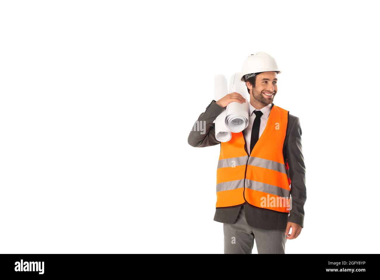 Smiling engineer in formal wear and hard hat holding blueprints ...