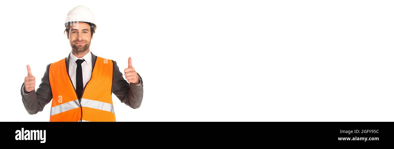 Smiling engineer showing thumbs up isolated on white, banner Stock ...