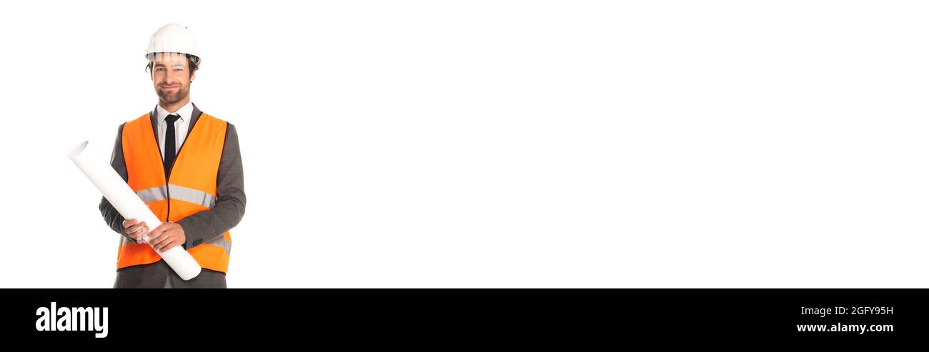 Young engineer with blueprint smiling at camera isolated on white ...