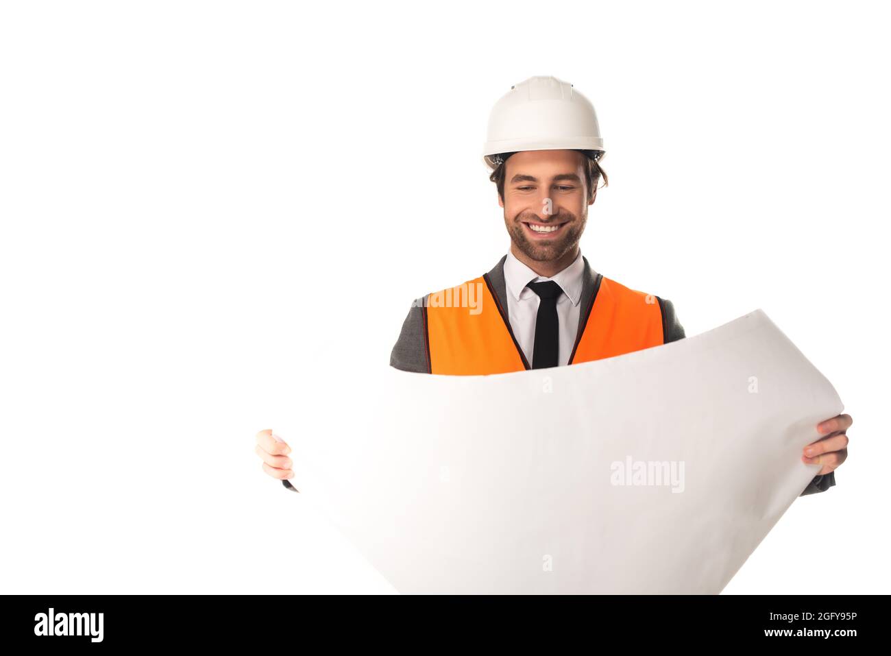Smiling engineer holding blueprint isolated on white Stock Photo - Alamy