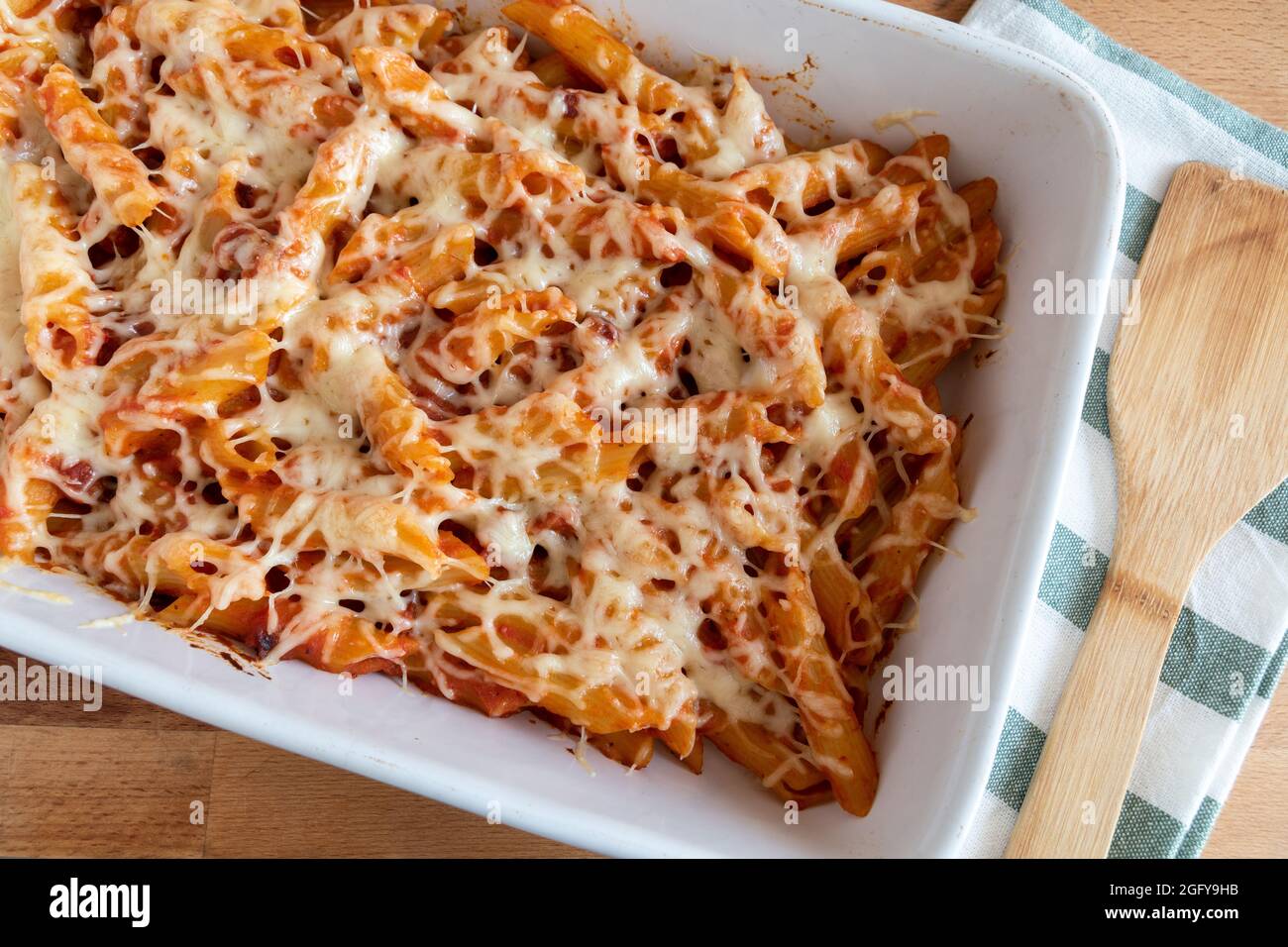 Baked Macaroni with Chorizo and Emmental Cheese Stock Photo - Alamy
