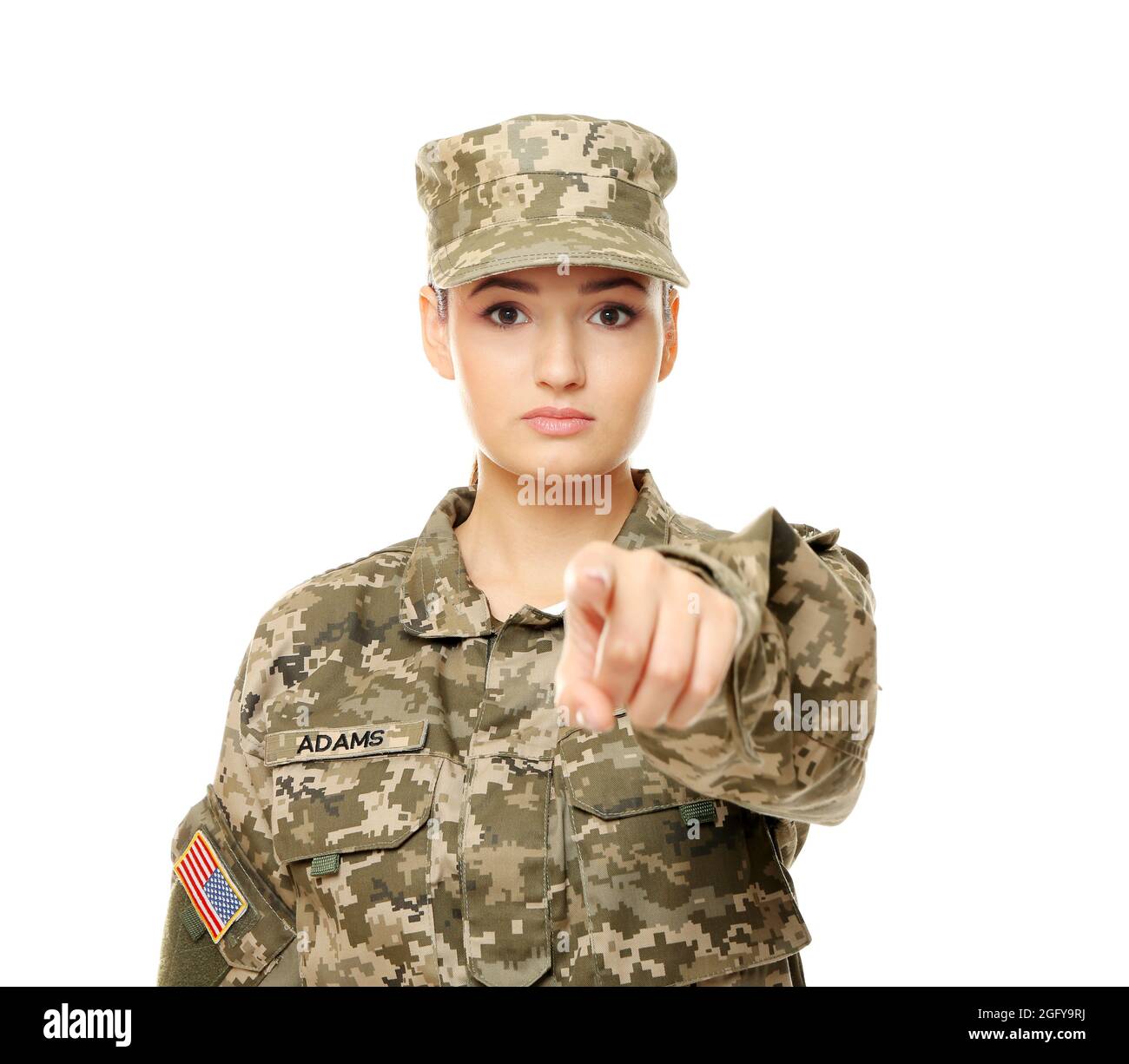 Pretty female soldier on white background Stock Photo - Alamy