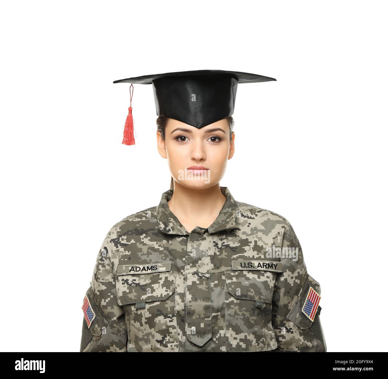 Pretty female soldier wearing graduation cap, on white background Stock ...