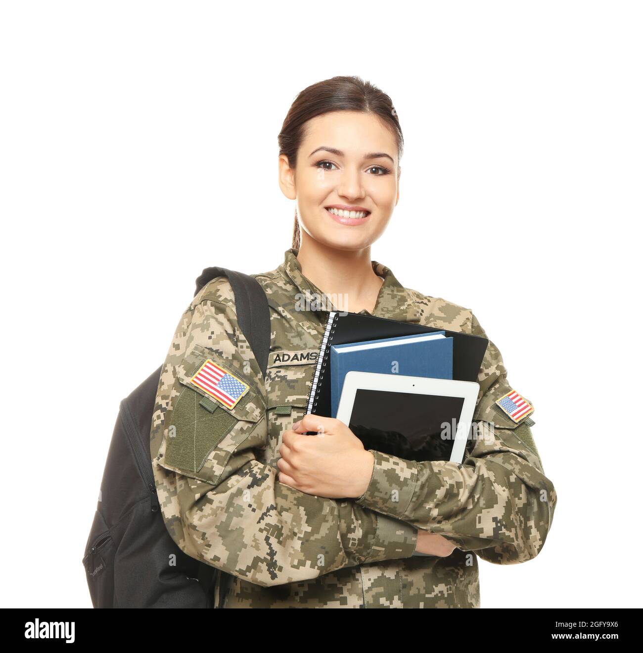 Pretty female cadet of military school on white background Stock Photo ...