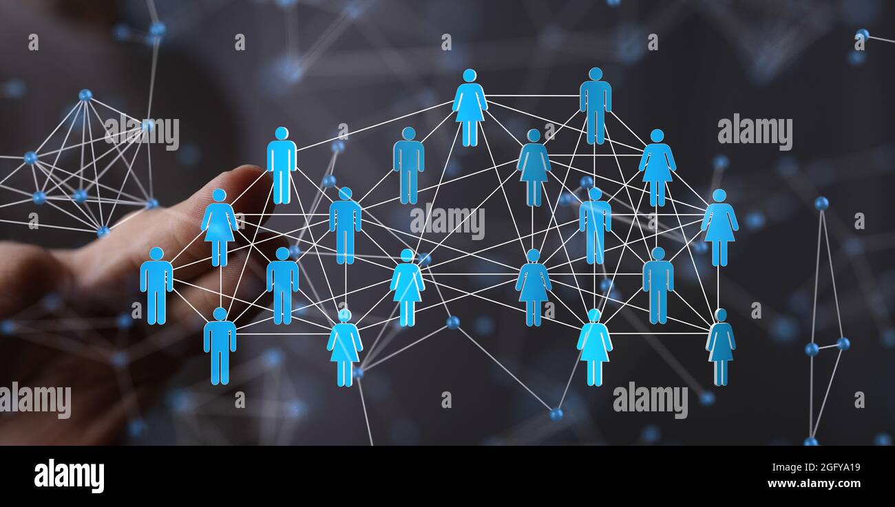 Person's hand touching 3D rendered people silhouettes Stock Photo - Alamy