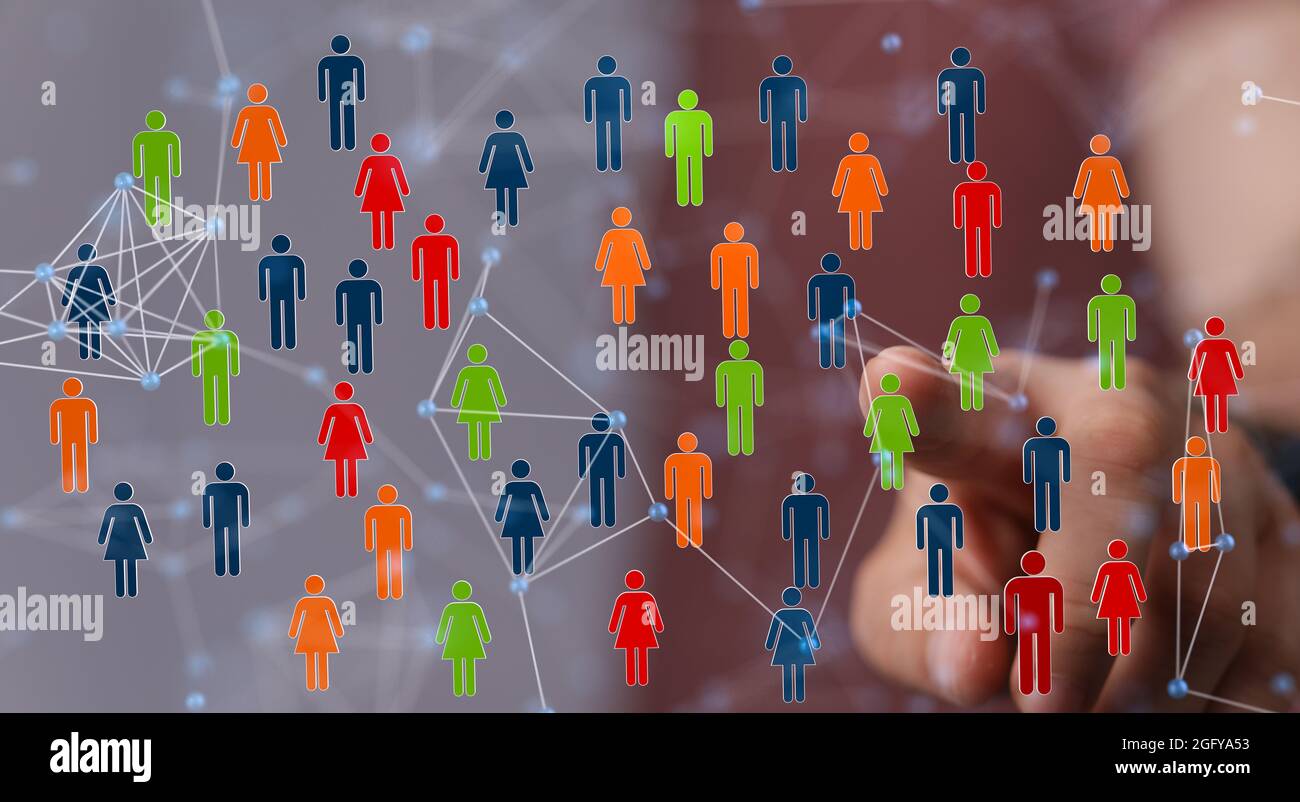 Person's hand touching 3D rendered people silhouettes Stock Photo - Alamy