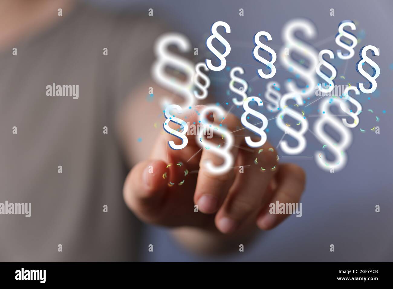 Person's hand touching 3D rendered section signs Stock Photo - Alamy