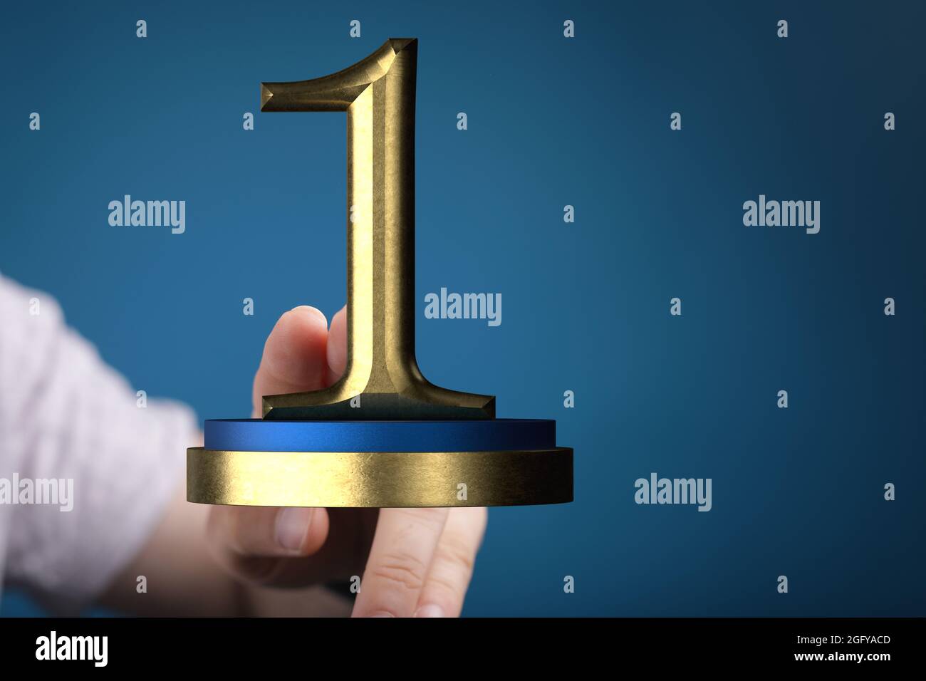 Person's hand reaching to 3D rendered First Place Prize Stock Photo - Alamy