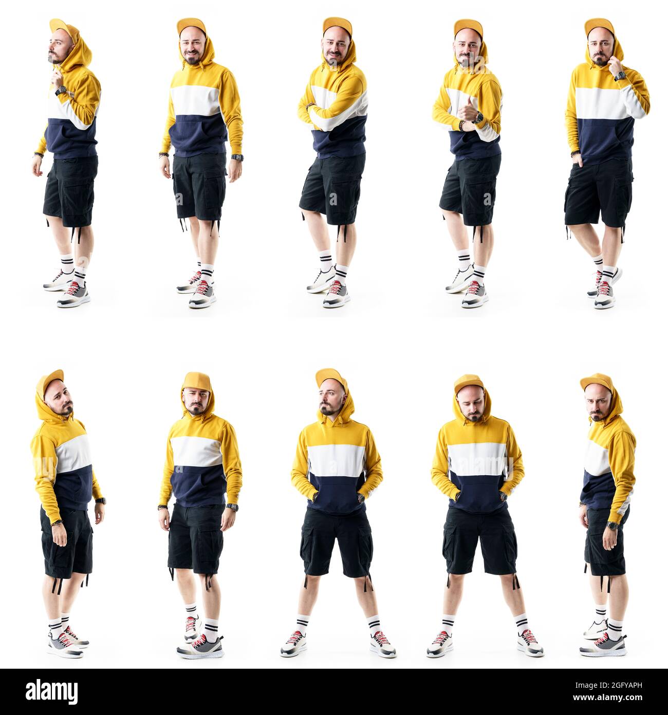 Collage of urban hip hop style hoodie and capri pants males with ...