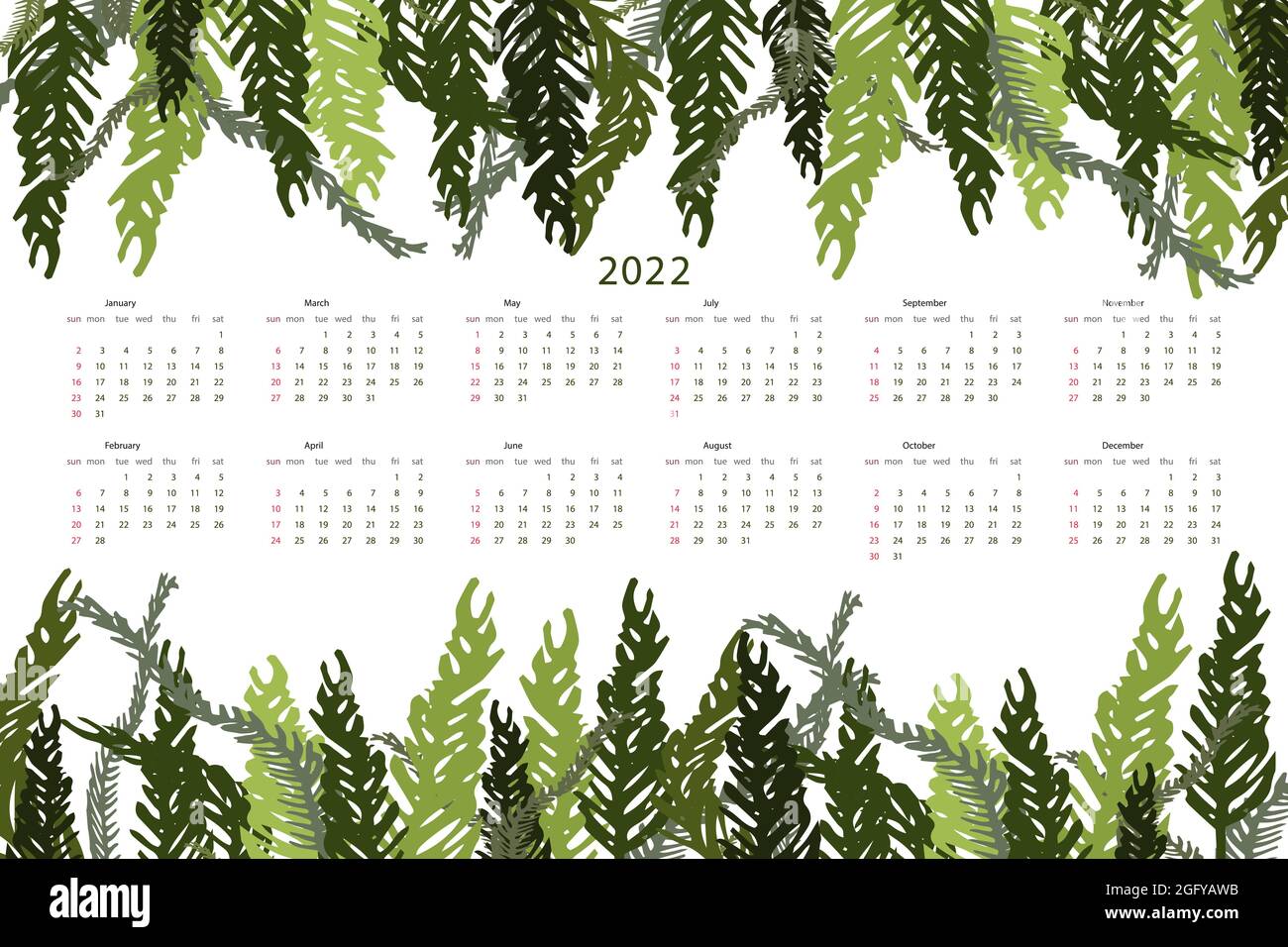 Tropical calendar for 2022 with green branches and leaves. Vector ...