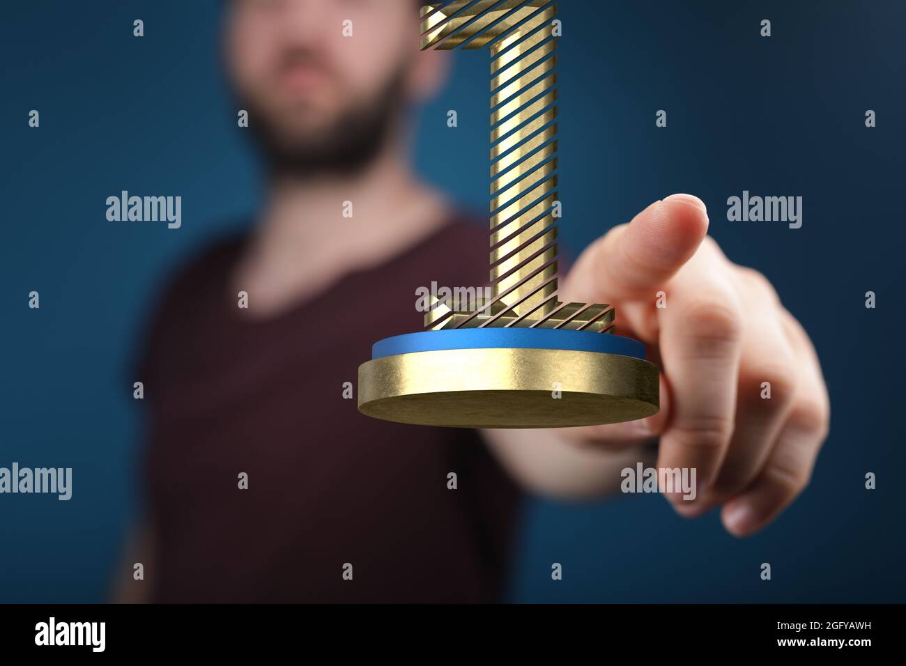 Person's hand reaching to 3D rendered First Place Prize Stock Photo - Alamy