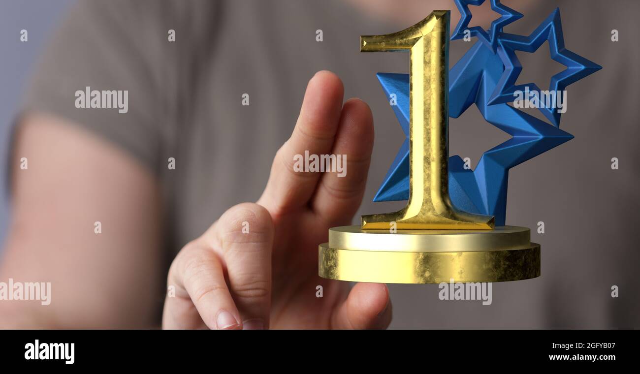 Person's hand reaching to 3D rendered First Place Prize Stock Photo - Alamy