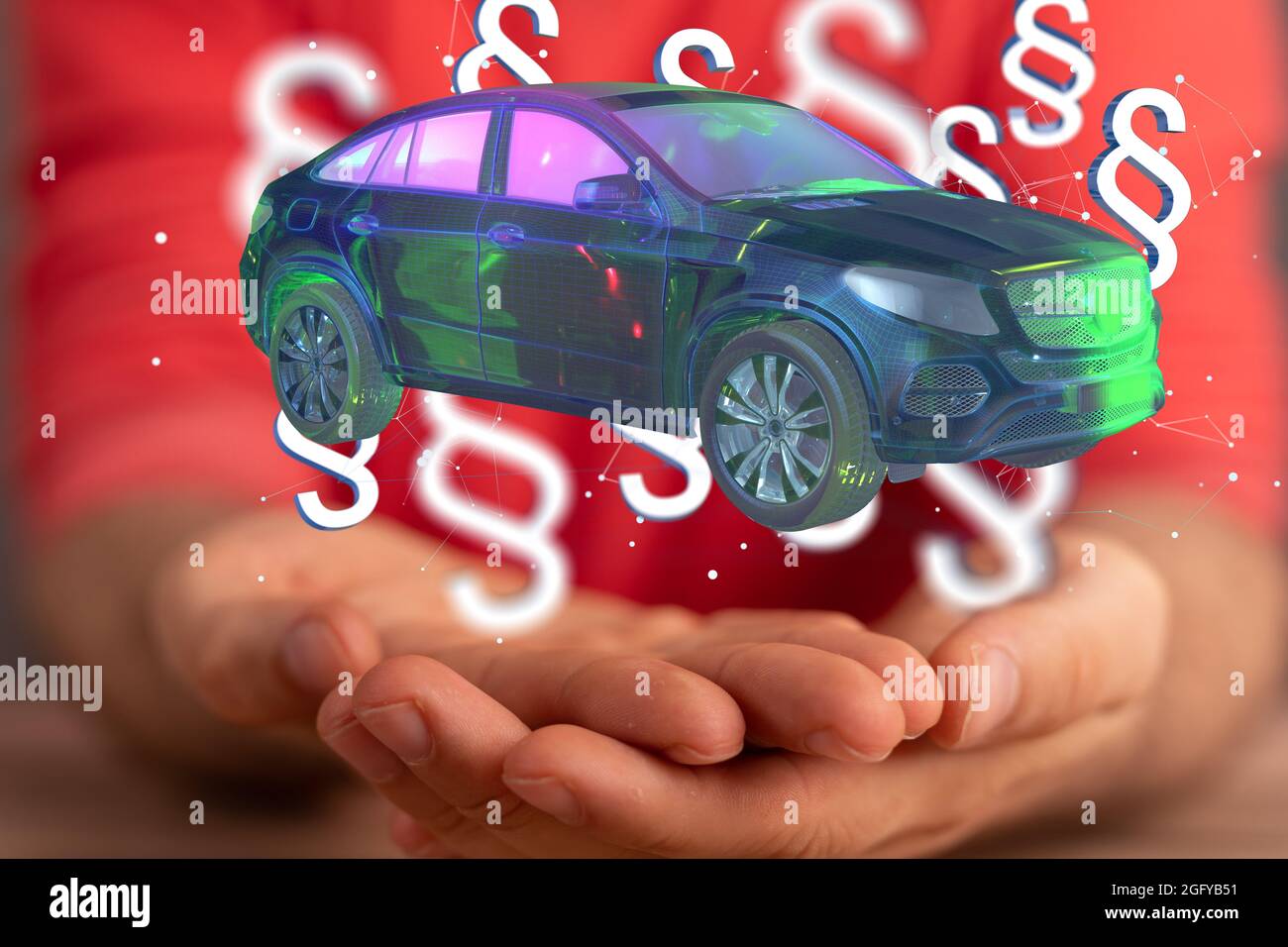 3D rendered section signs and a car held in person's hand Stock Photo ...